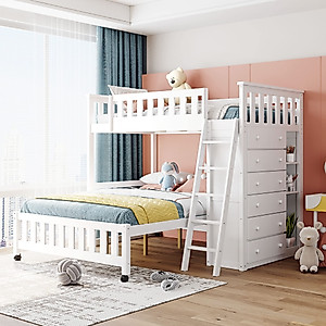 Harper & Bright Designs Twin Over Full Bunk Beds with Six Drawers and Flexible Shelves,Wooden Bunk Beds with Storage and Removable Bottom Bed for Kids Girls Boys,No Box Spring Needed (White)