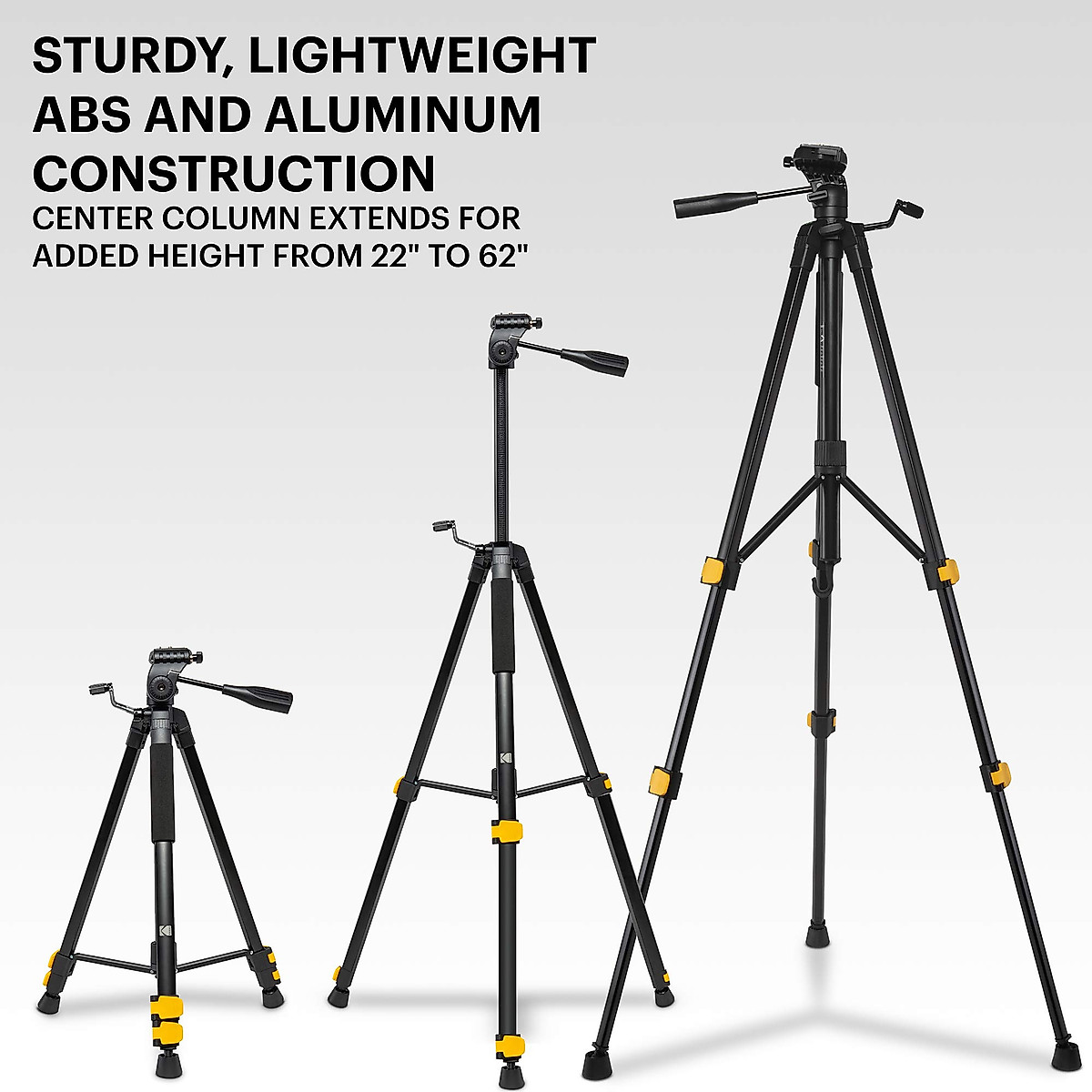 KODAK PhotoGear 62" Lightweight Tripod | Compact 3-Section Flip-Lock Aluminum Tripod Adjusts 22”-62”, QuickRelease Plate, Smartphone Adapter & 1/4” to 3/8” Screw, Bubble Level, Carry Case, E-Guide