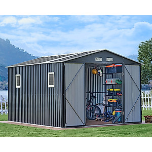 VanAcc 10x12x7.5 FT Outdoor Storage Shed, Metal shed with 2 Clear Panels Hinged Double Doors 4 Vents, Outdoor Shed for Backyard, Garden, Patio, Dark Grey/White