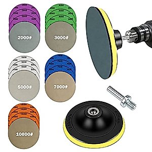 Water Grit Sandpaper 2000/3000/5000/7000/10000 and 5-inch Backing Pad Set, Wet Dry Electric Hook &Loop Sanding Disc with Pad, Grinding Abrasive Paper and Orbital Sander Polisher