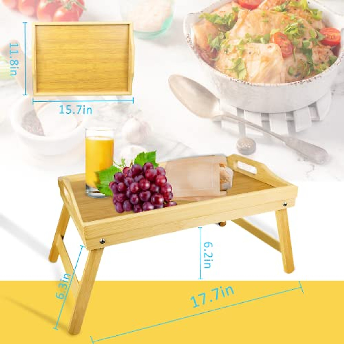 Bed Tray Table with Folding Legs, Bamboo Breakfast Food Lap Tray for Eating, Bed, Sofa, Working, Drawing, Kitchen Platters Desk Foldable Serving Bed Tray with Handles Laptop Computer Snack Tray Table