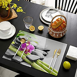 Placemats for Dining Table Set of 6, Zen Basalt Stone Orchid Flower and Cotton Linen Cloth for Square/Rectangle/Round Table Mat Placemat Kitchen Dinner Holiday Dﾃｩcor