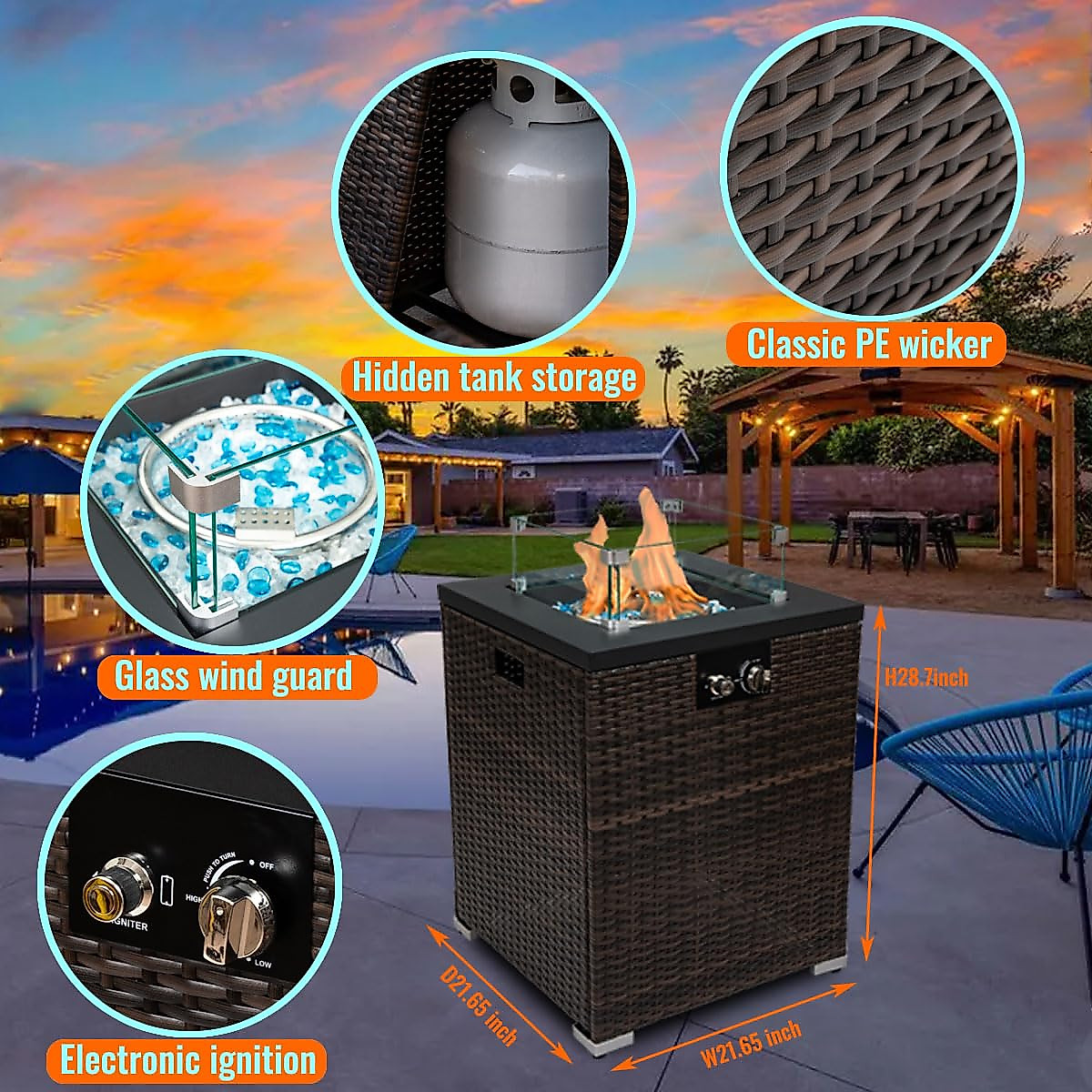 Senjoys 22in Outdoor Propane Gas Fire Pit Table, 40,000 BTU Auto-Ignition Gas Firepit with Glass Wind Guard, Painted Steel Tabletop, Mixed Color Glass Rocks, Brown PE Rattan