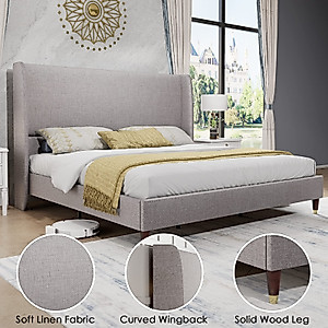 PaPaJet Queen Platform Bed Frame 51.2" High Headboard Linen Tall Upholstered Bed/No Box Spring Required/Wood Slat Support/Easy Assembly Light Grey