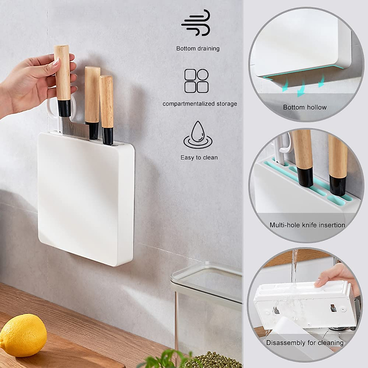 Universal Knife Block with 4 Slots, Wall Mounted White Knife Holder, Kitchen Knife Storage Stand Organizer, Self-Adhesive Knife Blocks Insert, Removable for Easy Cleaning