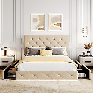 SHA CERLIN Upholstered Full Size Platform Storage Bed Frame with 4 Drawers, Adjustable Headboard with Diamond Button Tufted Design, Wooden Slat Support, No Box Spring Needed, Beige