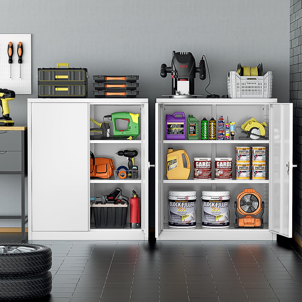 INTERGREAT Locking Cabinet for Office, Bathroom, Home, Laundry Room ,White Steel Storage Heavy Duty Lockable Metal Cabinet with Doors and Shelves,Lock