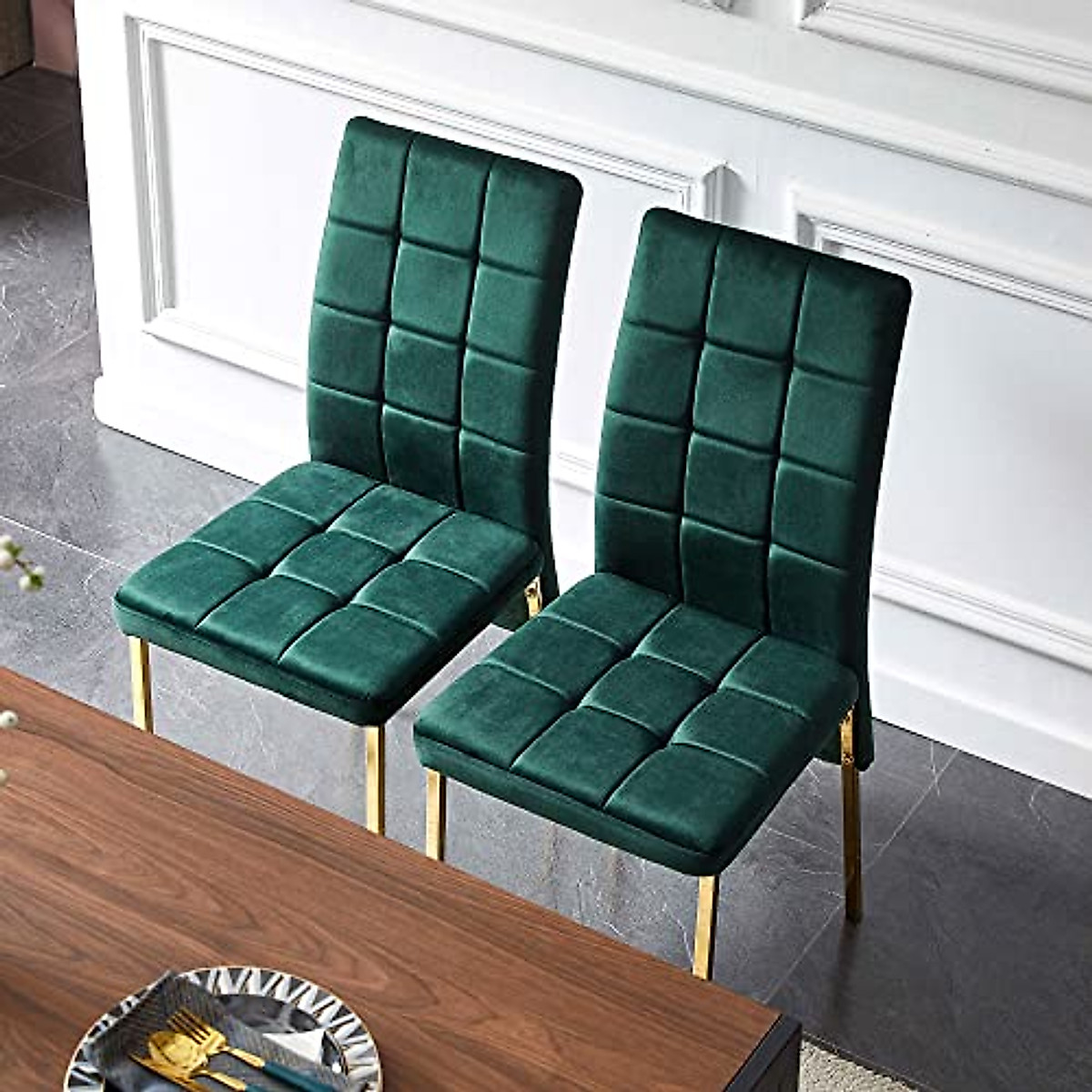 NORDICANA Upholstered Velvet Dining Chairs Classic Kitchen High Back Chairs Set of 4, Featured Dovetail Tufted Side Chairs, Golden Color Metal Legs, Forest Green