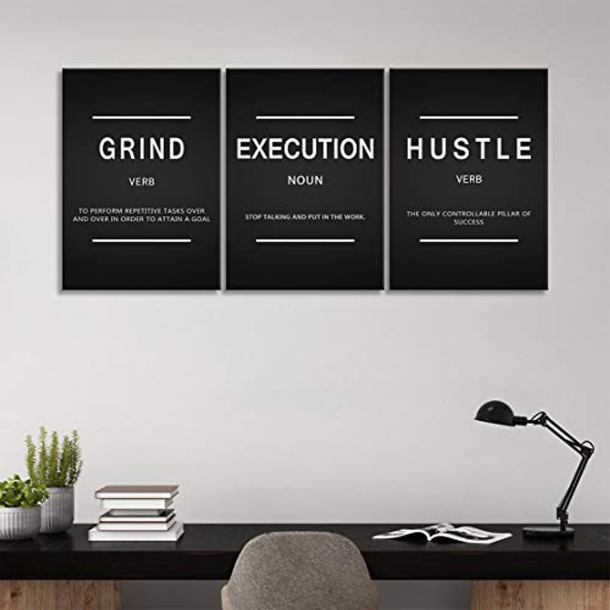 3 Pieces Grind Verb Hustle Verb Execution Noun Motivational Wall Art Canvas Print Office Decor Inspiring Framed Prints Inspirational Quotes for Wall Art Decoration Ready to Hang