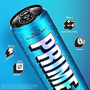 PRIME Energy BLUE RASPBERRY | Zero Sugar Energy Drink | Preworkout Energy | 200mg Caffeine with 355mg of Electrolytes and Coconut Water for Hydration| Vegan | Gluten Free |12 Fluid Ounce | 24 Pack