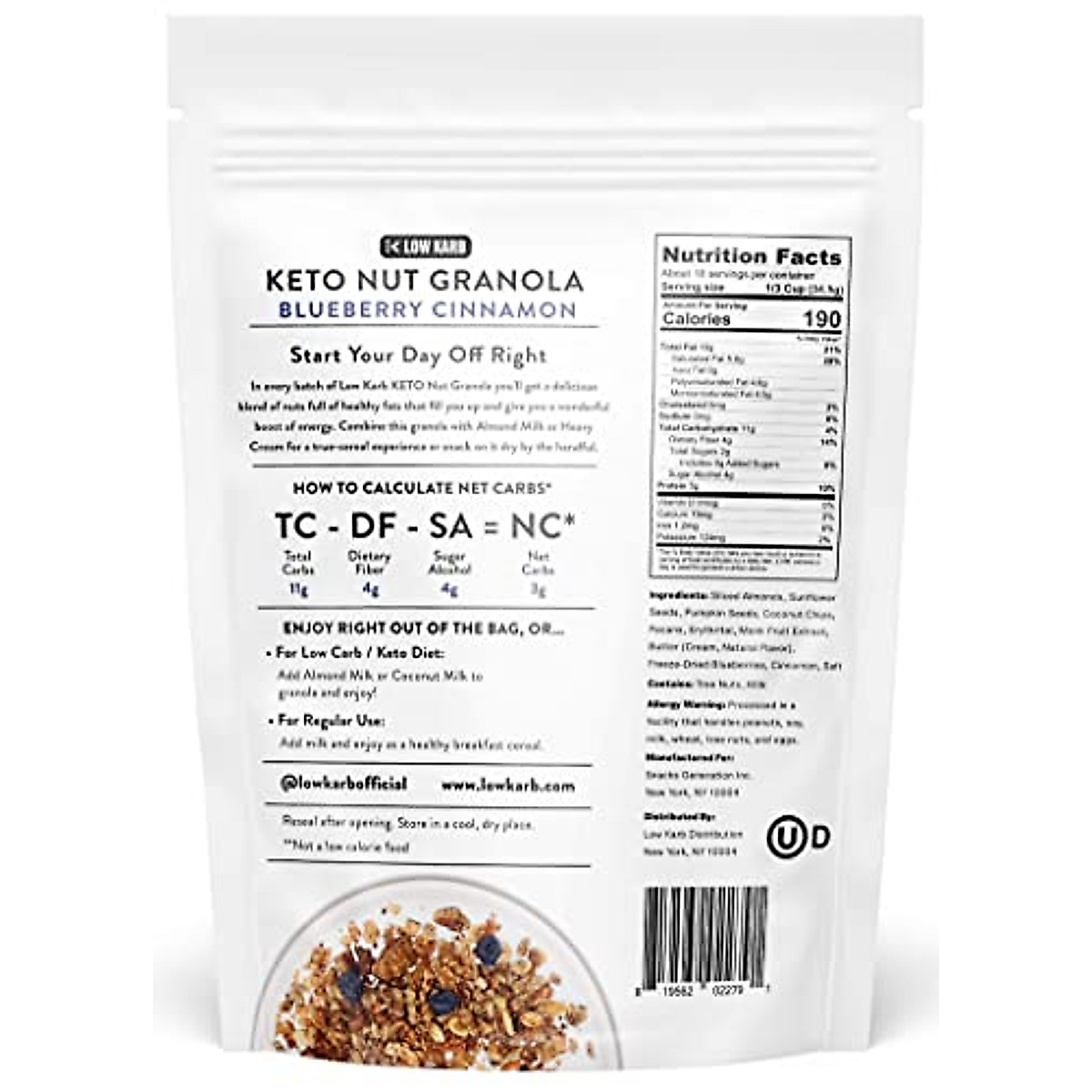 Low Karb NuTrail, Keto Blueberry Nut Granola Healthy Breakfast Cereal, Low Carb Snacks & Food, Almonds, Pecans, Coconut and More, 3 g Net Carbs, 1.37 lb, 22 Oz