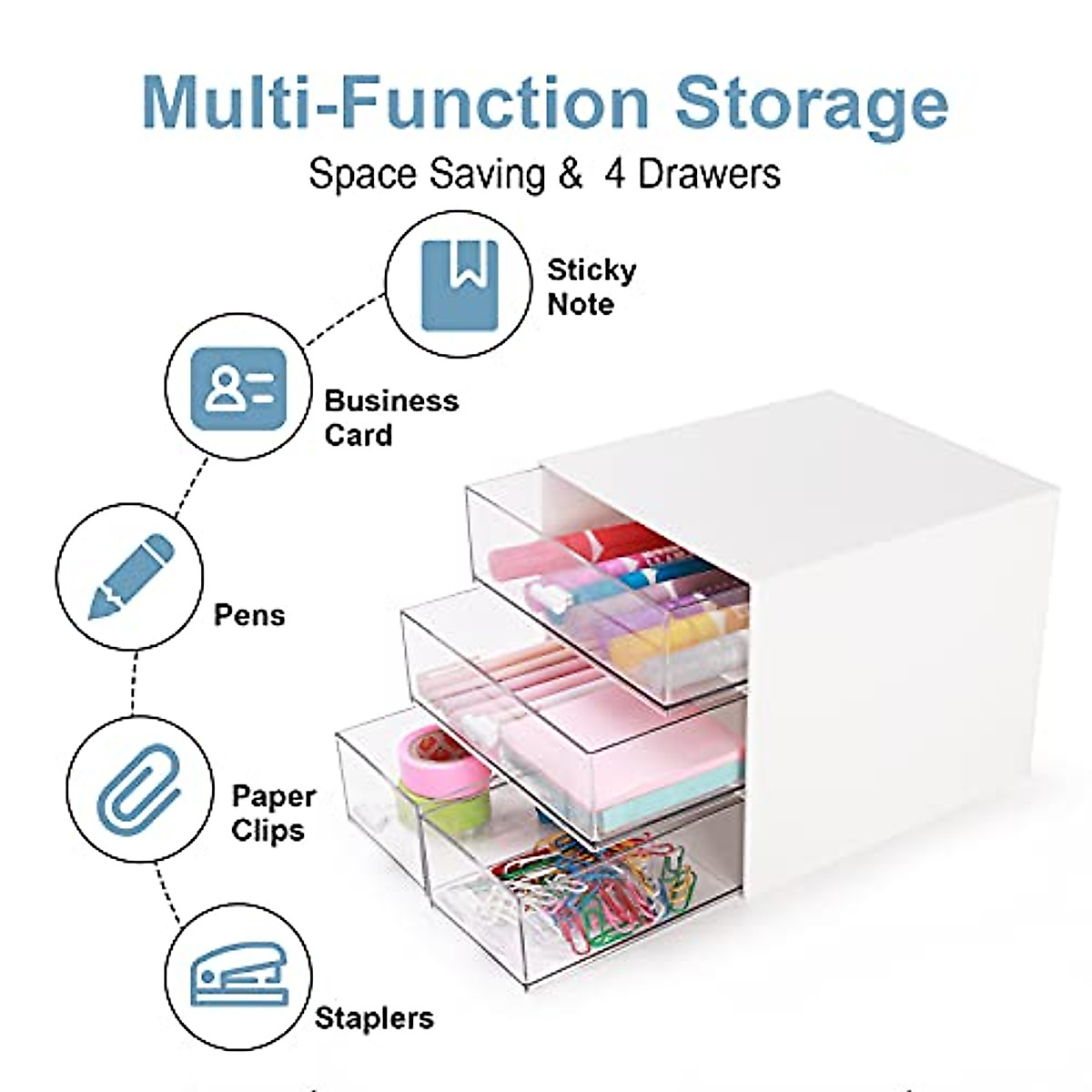 Comix Desk Organizer with Drawer, Desk Storage Box with 4 drawers, Plastic Office Stationery Supplies Organizers, Desktop Organizer for Office School Home (White)
