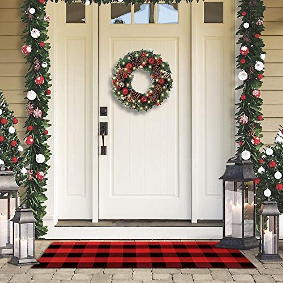 Buffalo Plaid Area Rug, 23.6 x 51.2 inch Kitchen Rug Cotton Outdoor Mat for Porch Bathroom Carpet Living Room Indoor Doormat, Black and Red