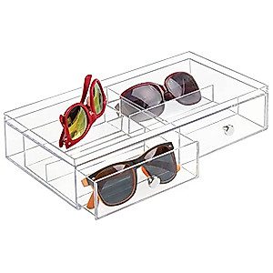 mDesign Wide Stackable Plastic Eye Glass Organizer Box Holder for Sunglasses, Reading Glasses, Lens Cleaning Cloths, Accessories - 2 Divided Drawers with 6 Sections, Chrome Pulls, 2 Pack - Clear