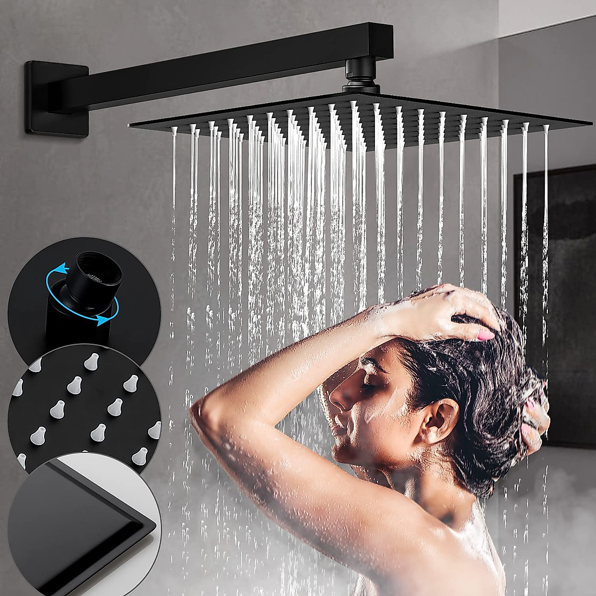 Qomolangma 10 inch Rain Shower System, Black Shower Faucet Set with Pressure Balance Valve, Wall Mounted 2-Functions Bathroom Shower Systems with Rain Shower and Handheld Spray Shower Trim Included