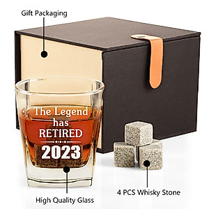 2023 Retirement Gifts for Men, Funny 2023 The Legend Has Retired Whiskey Glass and Stone Gift Set, Happy Retirement Gifts for Office Coworkers, Boss, Husband, Dad, Brother, Friends 12OZ