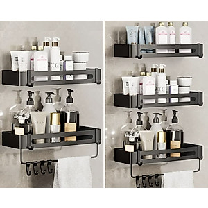 Shower Caddy - No-Drill Aluminum Bathroom & Home Decor Shelf, Wall Mounted Dual Corner Shelf with Hooks - Rustproof Stainless Steel In Matte Black Finish - Adhesive Bathroom Shower Caddy.