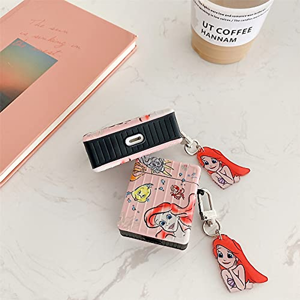 Pink Case with Charm Hook Keychain for Apple AirPods Pro 2019 Generation Ariel The Little Mermaid Fish Flounder Pink Disney Disneyland Cartoon Anime Cute Lovely Adorable Kids Girls Women