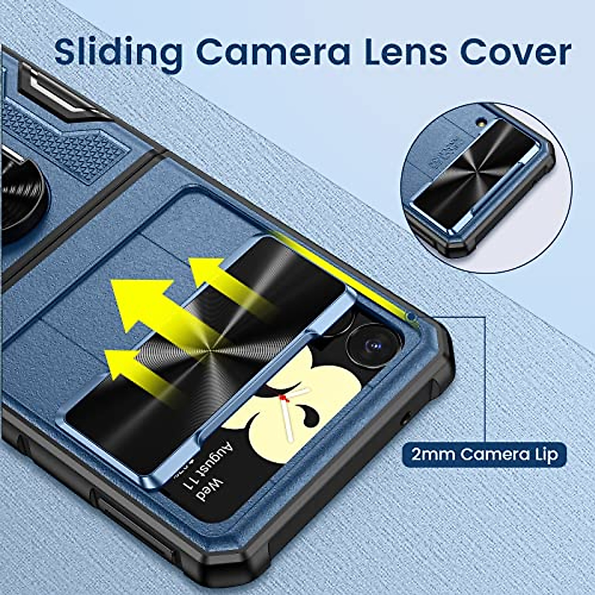 VEGO for Galaxy Z Flip 3 5G Case with Stand, Slide Camera Cover Hinge Protection 360°Rotate Ring Magnetic Kickstand Military Grade Heavy Duty Protection Armor Case for Samsung Z Flip 3 -Dark Blue