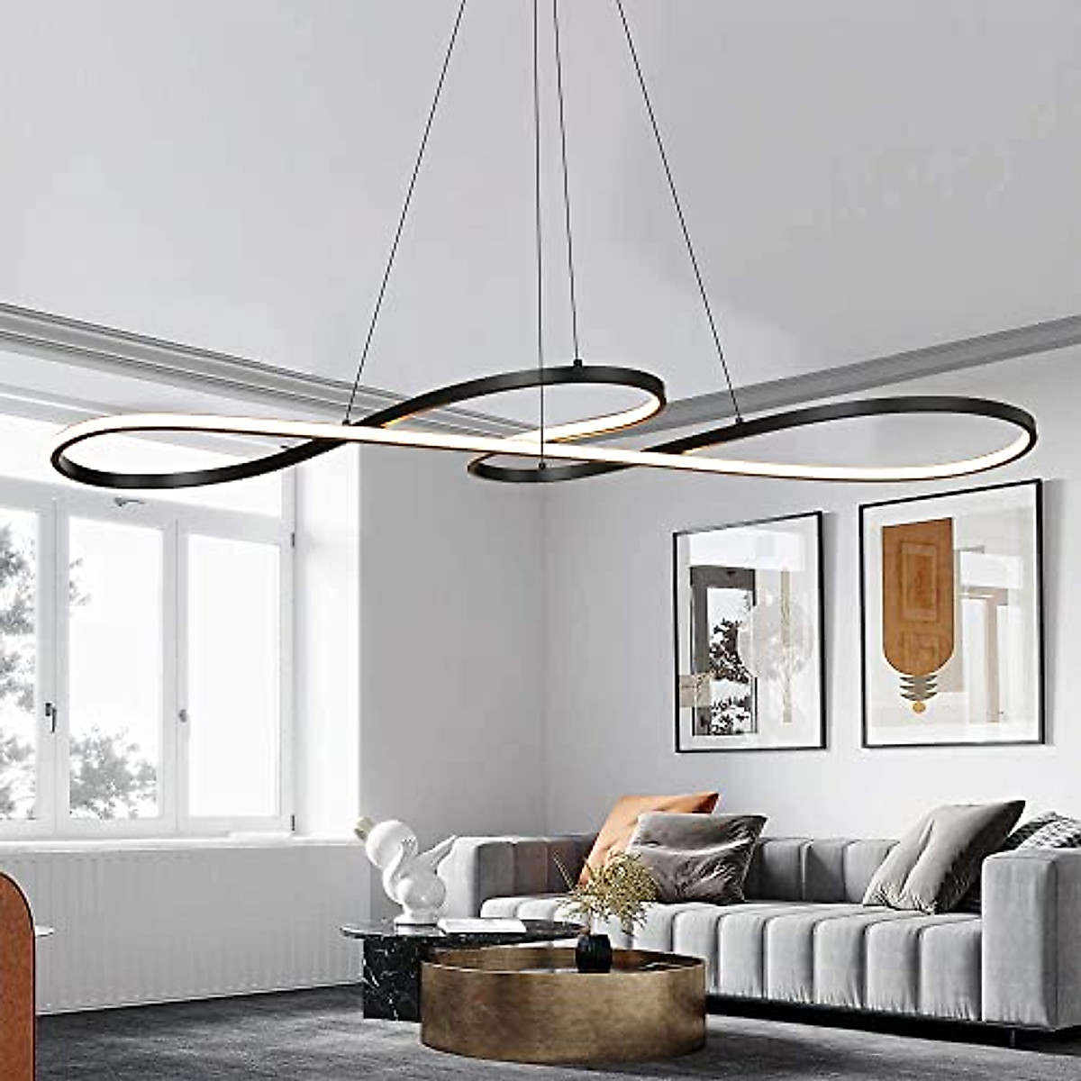 KARMIQI LED Pendant Light Modern Dimmable Chandelier Musical Note Black Contemporary Wave Hanging Lighting Fixture for Bedroom Kitchen Island Dining Room Living Room(38W