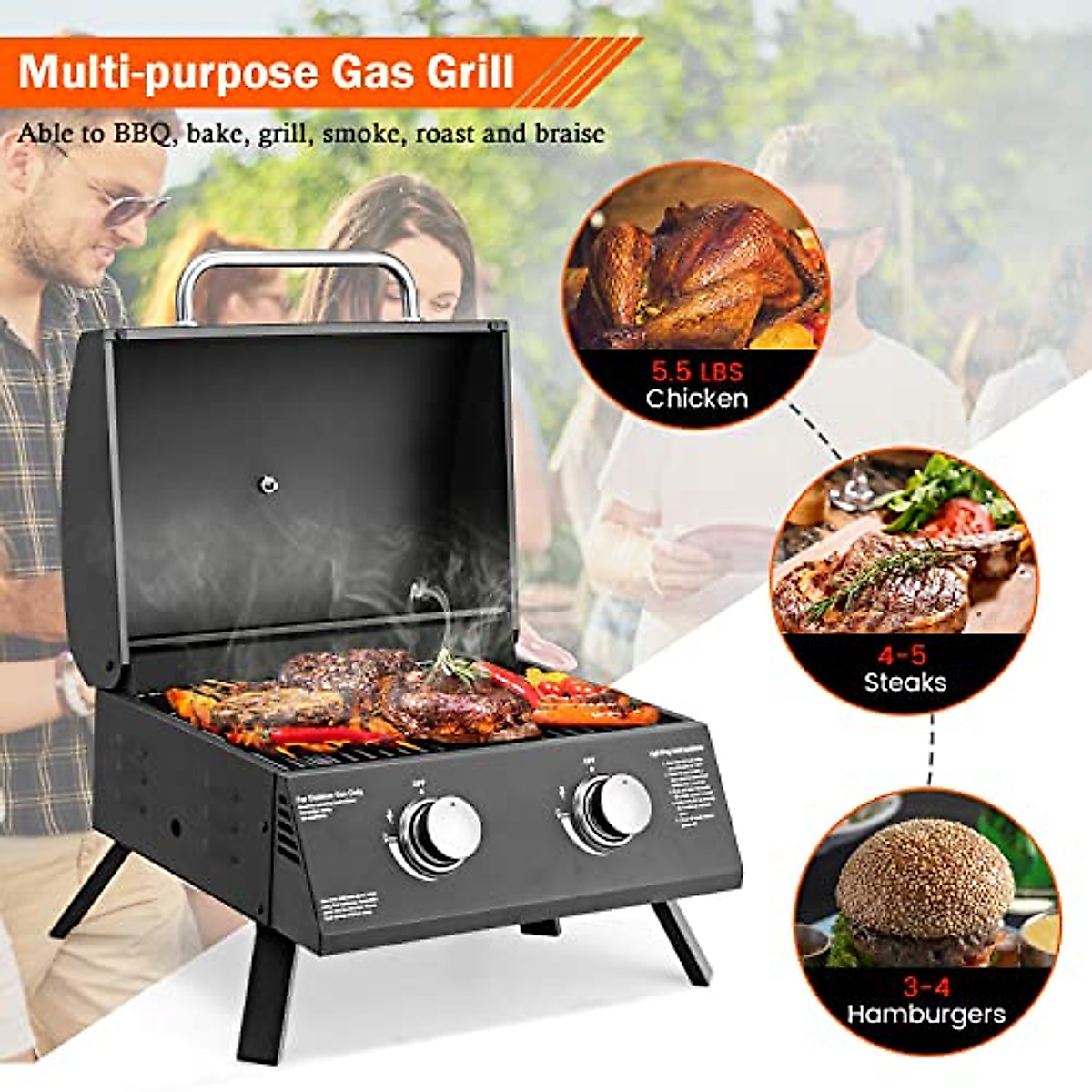 COSTWAY Portable Gas Grill, 20,000 BTU Tabletop Barbecue Grill with 2 Burners, Dual Temperature Control, Folding Legs, Built-in Thermometer, Propane Gas Grill for RV Backyard BBQ Camping Patio, Black