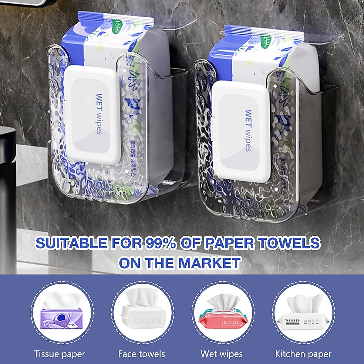 Kitchen Wipes Storage Box, Acrylic Wall Mounted Tissue Box Holder, 2024 New No Punching Wall-Mounted Tissue Holder for Bathroom, Flushable Wet Tissue Dispenser for Toilet Bathroom Home(White+Grey)