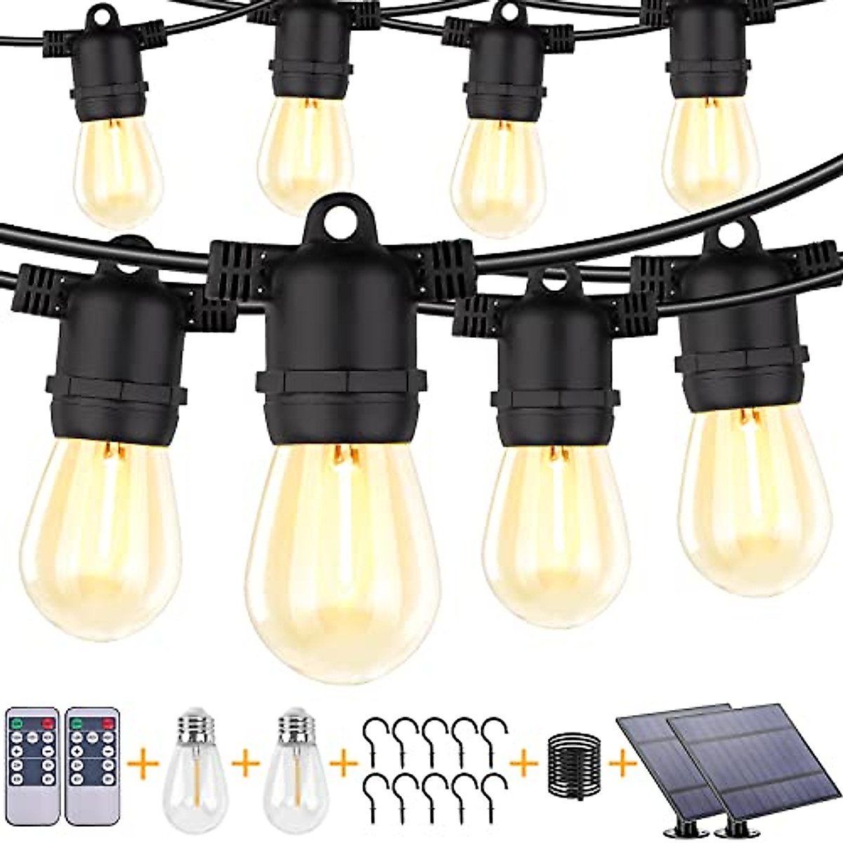 Dott Arts 2-Pack 96FT Solar Outdoor String Lights Waterproof with Dimmable Remote Control,Patio LED String Lights with 32 Plastic Bulbs for Backyard Garden Bistro sWedding Party