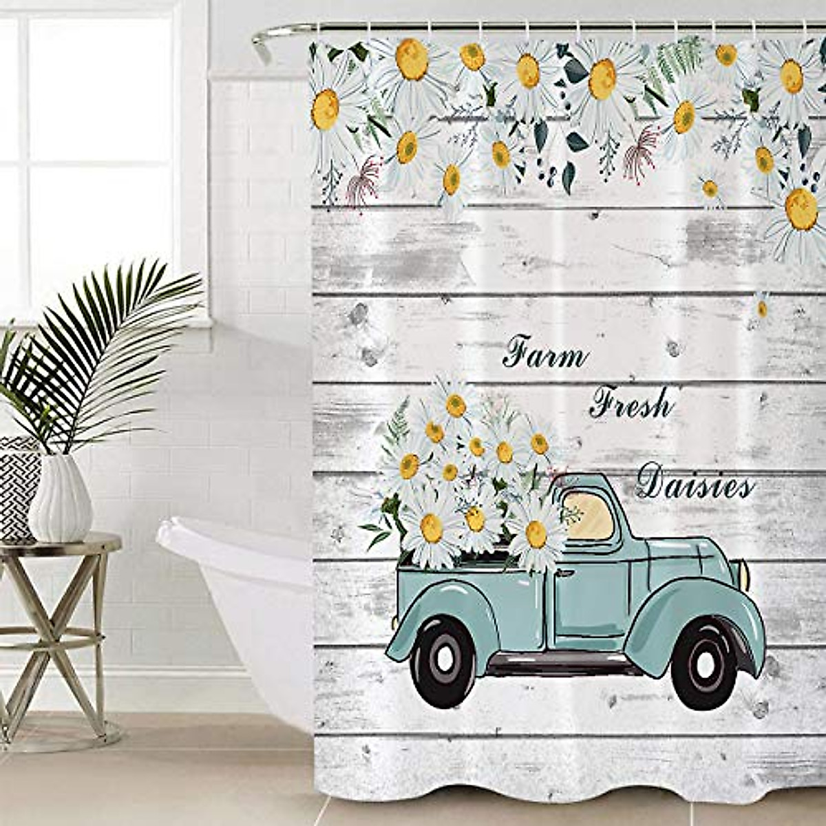 Xback 4 Piece Shower Curtain Sets for Bathroom, Farm Fresh Daisies Blue Truck Fresh Pastoral Style Retro Wood Board Machine Washable Bath Curtain with Non-Slip Rugs, Toilet Lid Cover and Bath Mat