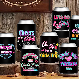 HAPPARTY Weekend Girls Trip Theme Can Cooler Sleeves 8Pcs, Hot Pink Babe Girls Insulated Bottle Beverage Cold Drink Holder for Birthday Bachelorette Weekend Trip Party Can Cover Decorations