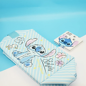 Stitch Travel Cosmetic Pouch, Large Capacity Cartoon Zippered PU Bag, Foldable Makeup Accessories Organizer and Storage for Women and Girls