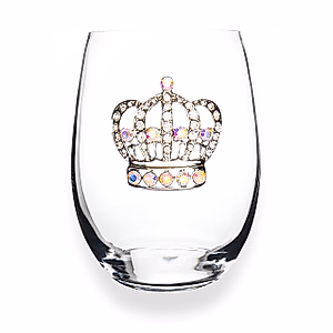 THE QUEENS' JEWELS Large Crown Jeweled Stemless Wine Glass, 21 oz. - Unique, Birthday, Cute, Fun, King, Queen, Not Painted, Decorated, Bling, Bedazzled, Rhinestone