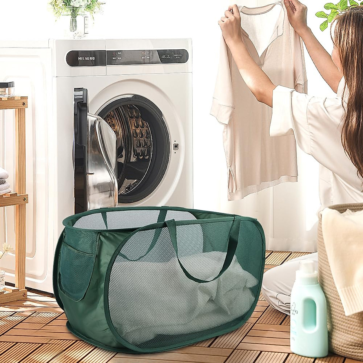 Foldable Laundry Basket,Mesh Laundry Basket,Collapsible Laundry Baskets,Foldable Clothes Storage Hamper, With Hook Side Pocket,For Laundry Room, Bathroom, Kids Room(size:B)