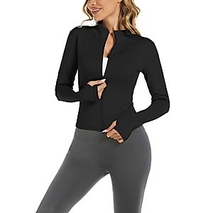 Aolpioon Women's Quick Dry Stretchy Sweat Shirt Long Sleeve Athletic Crop Jackets Yoga Tennis Golf Tight Fitted Light Jacket Black L