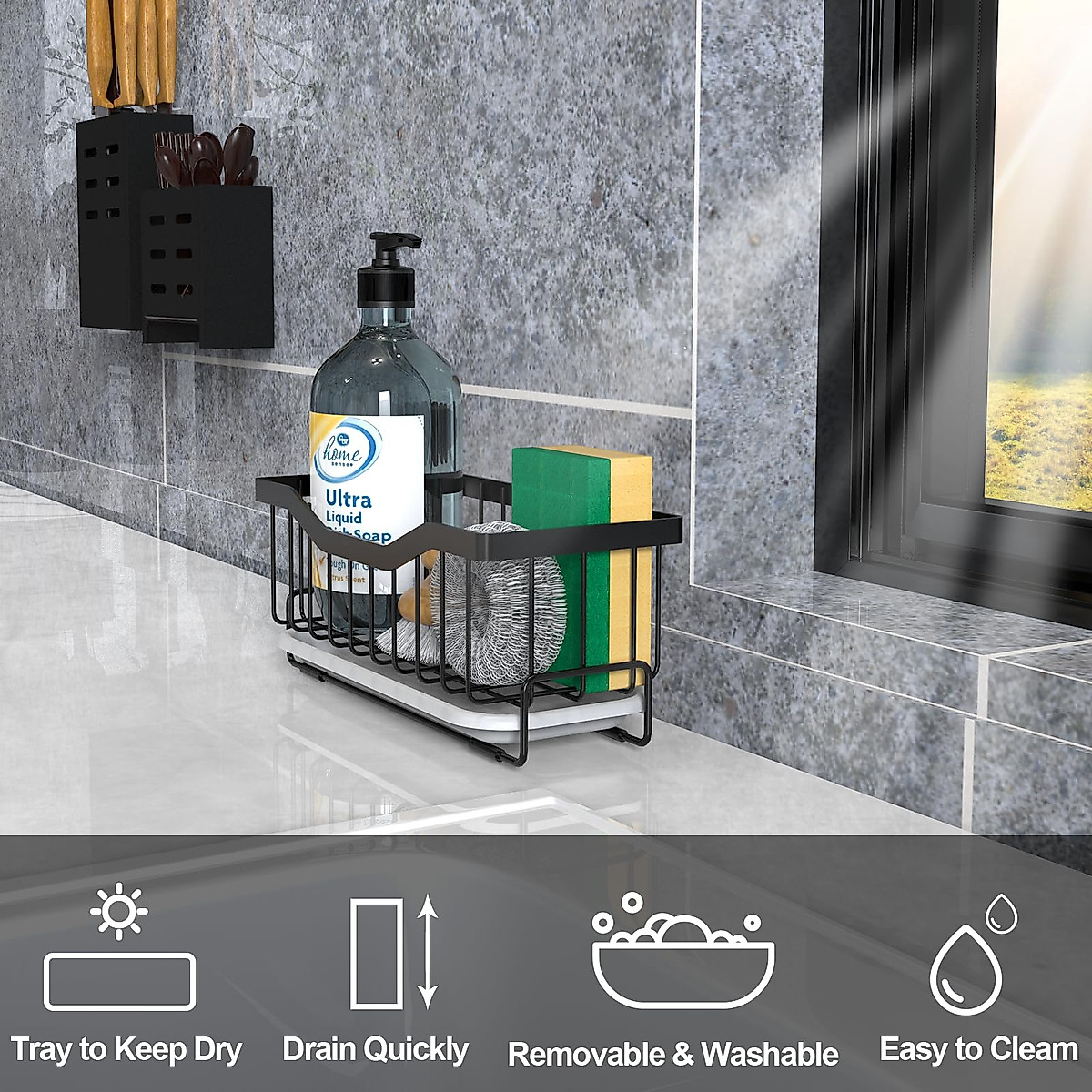 Maifan Kitchen Sink Caddy Sink Organizer, Sponge Caddy Holder for Kitchen Sink, Stainless Steel Rustproof Dish Kitchen Caddy Brush Holder with Drain Tray for Kitchen Countertop Storage Gadgets