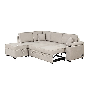 JURMALYN 87.4" Modular Sectional Sofa for Living Room, Convertible L- Shaped Sofa Couch Bed, 2 in 1 Pull Out Sleeper Sofa with USB Charge Ports Fabic Sofa with Storage - Beige