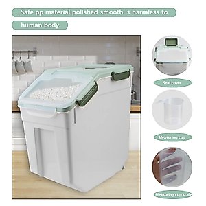 Begino Large Flour Storage Container Bin 25lb, Airtight Rice Storage Containers with Wheels Seal Locking Lid, BPA Free with Measuring Cup&Scoop for Flour, Rice, Grain(Green)