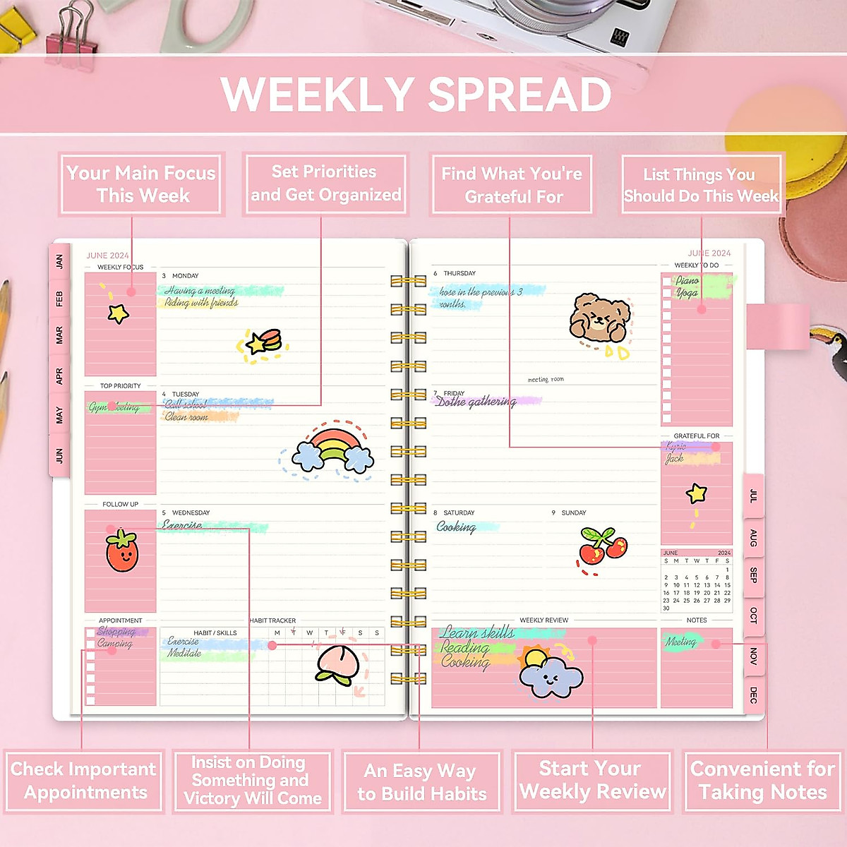 2023 Weekly & Monthly Planner, Jan. 2023 - Dec. 2023, AIMPEAK Weekly Planner 2023 with Tabs, Calendar Planner with Inner Pocket, Pen Loop, Flexible Cover，Spiral Binding, Pink(7"x10")
