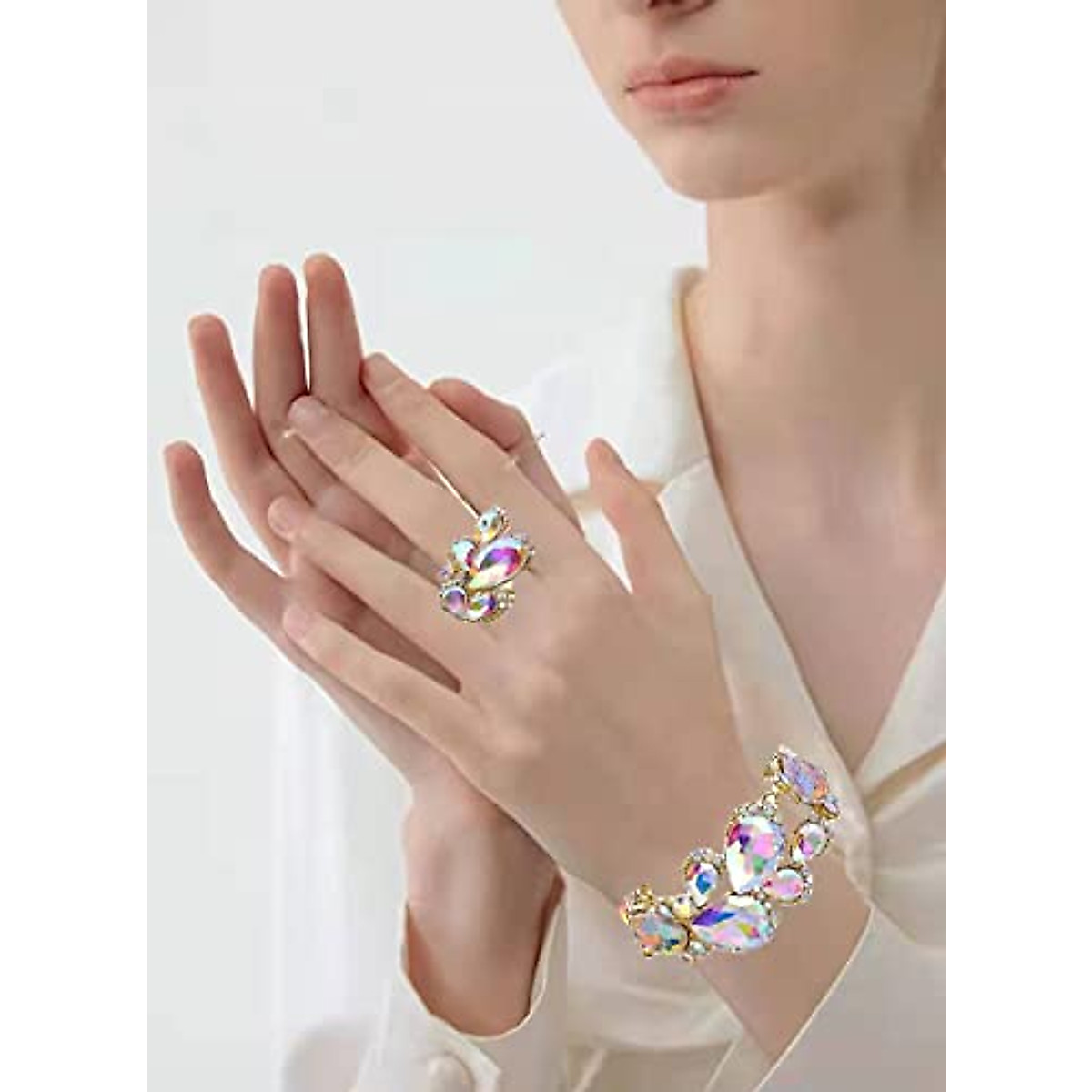 QYJ Women’s Wedding Bridal Austrian Crystal Glass Teardrop Statement Necklace Dangle Earrings Bracelet Ring Wedding Party Jewelry Set for Bridal Bridesmaid (AB Crystal-Gold Plated)