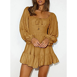 Dokotoo Womens Square Neck Sexy Dresses Long Lantern Sleeve Ruffle A-Line Brown Dresses for Women Smocked Tie Bow Elastic Waist Short Mini Dresses Large