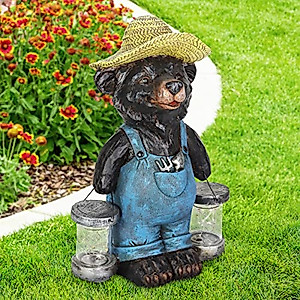 Exhart Garden Sculpture, Farmhouse Black Bear Solar Garden Statue with Glass Jars, LED Firefly Lights, Outdoor Garden Decoration, 12.5 Inch