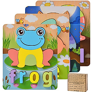 Cheerlyhood Toddler Jigsaw Puzzles Wooden Montessori Educational Preschool Learning Toys Frog Bee Snail Owl 4 Pack