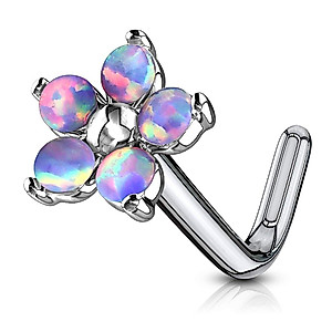Forbidden Body Jewelry 20g Surgical Steel Synthetic Opalite Stone Flower L-Shape Nose Ring (Purple)