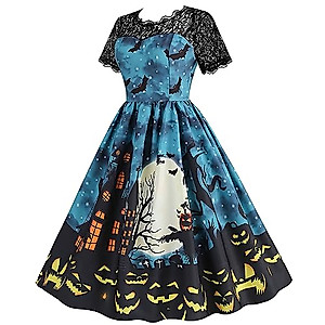 Halloween Costumes for Women Scary Funny Skeleton Swing Dress Lace Short Sleeve Flared Dresses Holiday Party Dress Sky Blue