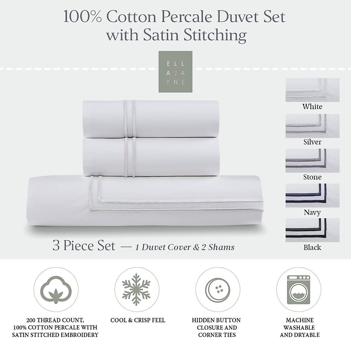 Ella Jayne Luxury Duvet Cover Set (3pc), 100% Cotton Duvet Cover, King/Queen Duvet Cover Set, Breathable & Lightweight, White Duvet Cover Queen, Cal King Duvet Cover, Full/Queen Size - White