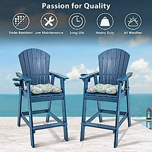 Sundale Outdoor Adirondack Bar Chairs Set of 2, Patio HDPE Bar Stools with Backrest, 30 Inch Seat Height Bistro Tall Dining Counter Barstools with Cushion, All-Weather Pub Height Chair, Navy Blue