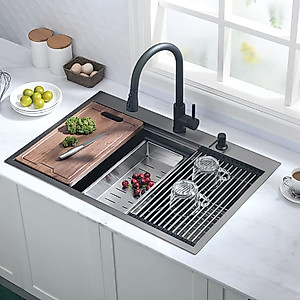 30 Black Drop in Kitchen Sink Workstation- Hovheir 30x22 Topmount Drop In Kitchen Sink Matte Black Stainless Steel Sink Handmade Sink Double Ledges Workstation Sink 16 Gauge Single Basin Kitchen Sink