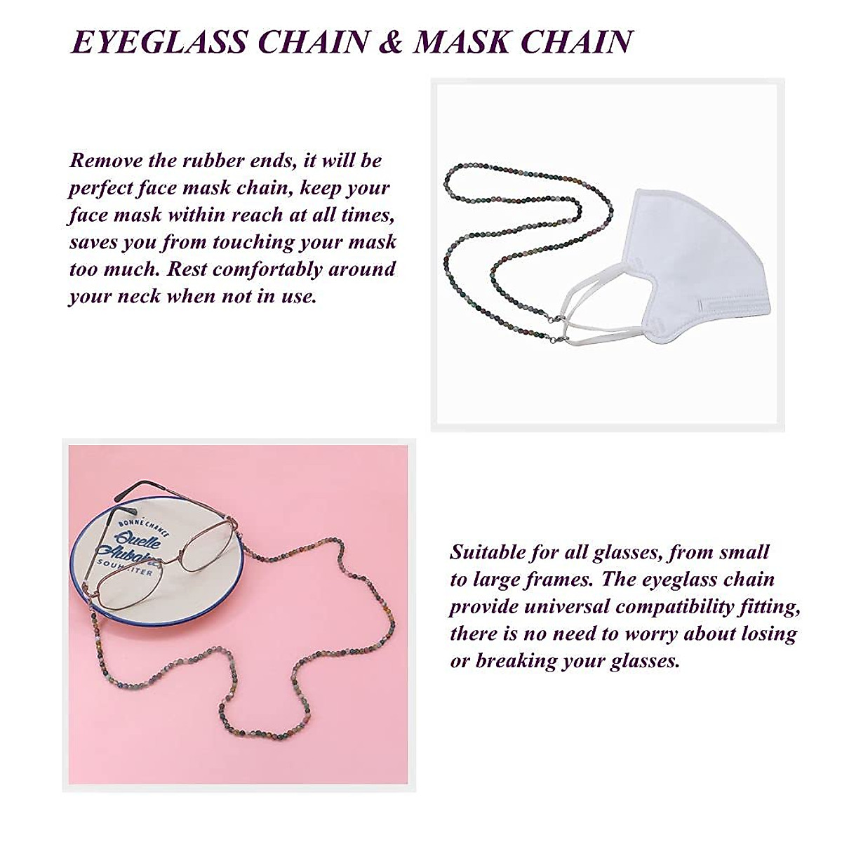 KAI Top Eyeglass Chain Sunglass Chain Fashion Natural Stone Beaded Mask Lanyard Chain Face Mask Holder Chain for Women Men