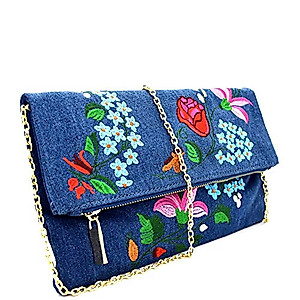 Flower Embroidery Fold-Over Clutch Denim with Chian Strap