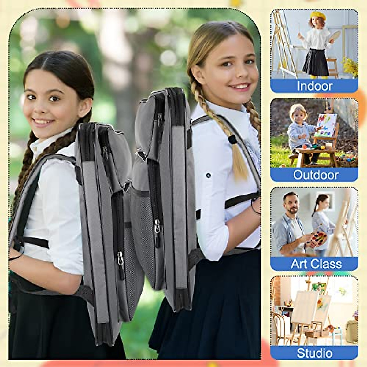 2 Pcs Art Portfolio Case, Art Portfolio Bag 16 x 18 Inch, Art Bag Organizer Backpack with Handle for Kids Artwork Children Drawing Lesson, Sketchbook Drawing Pencil Case Poster Board Project, Gray