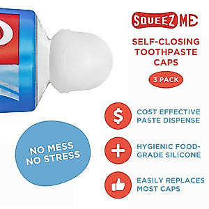Toothpaste Caps SqueezMe by Chrome Cherry, Self-Closing Silicone Caps, Mess-Free Toothpaste Dispenser Squeezer Lids for Kids, Adults, Bathroom Accessories for Tooth and Gum Health (Clear 3-Pack)